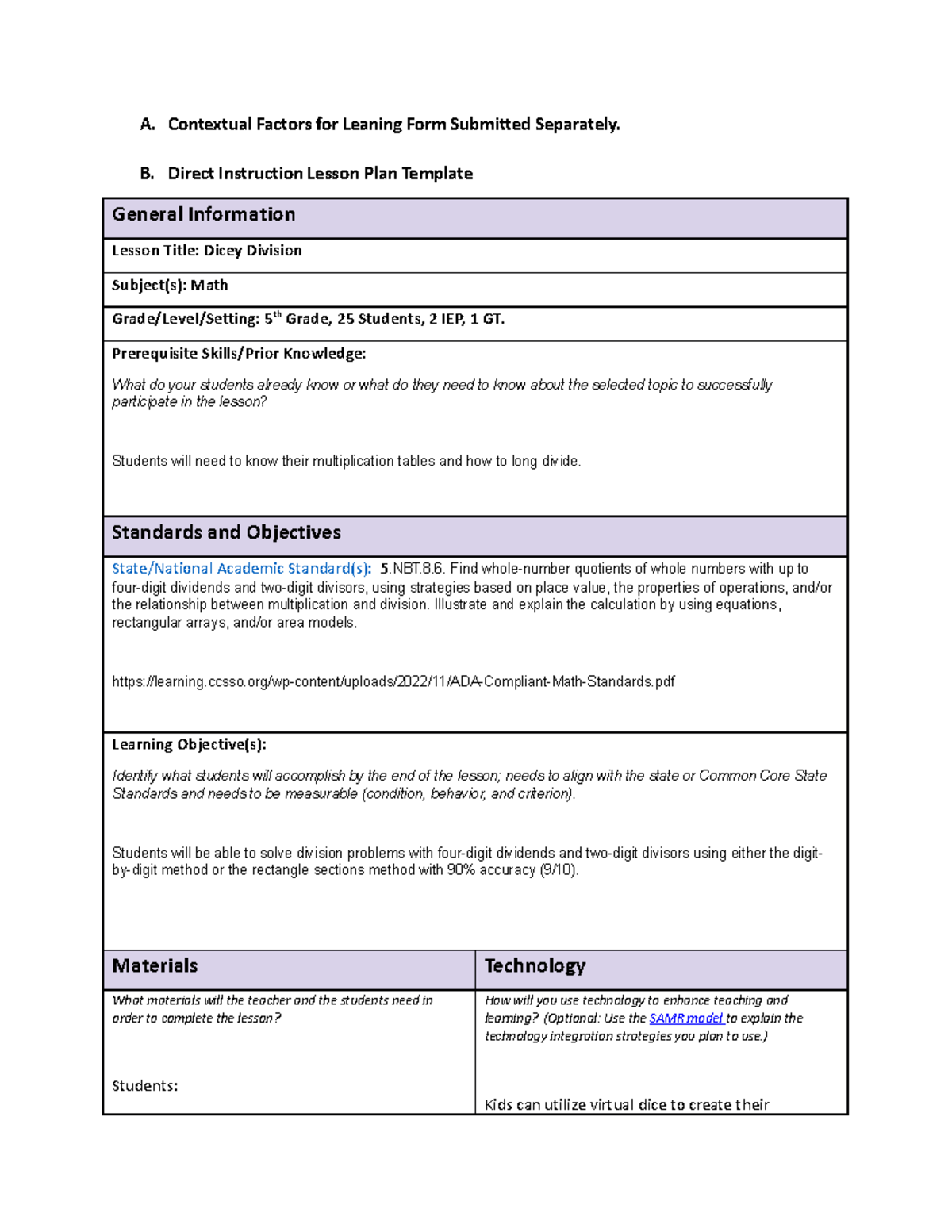 Math 5: Lesson Plan for Dicey Division - Task 1 Reference Only - Studocu