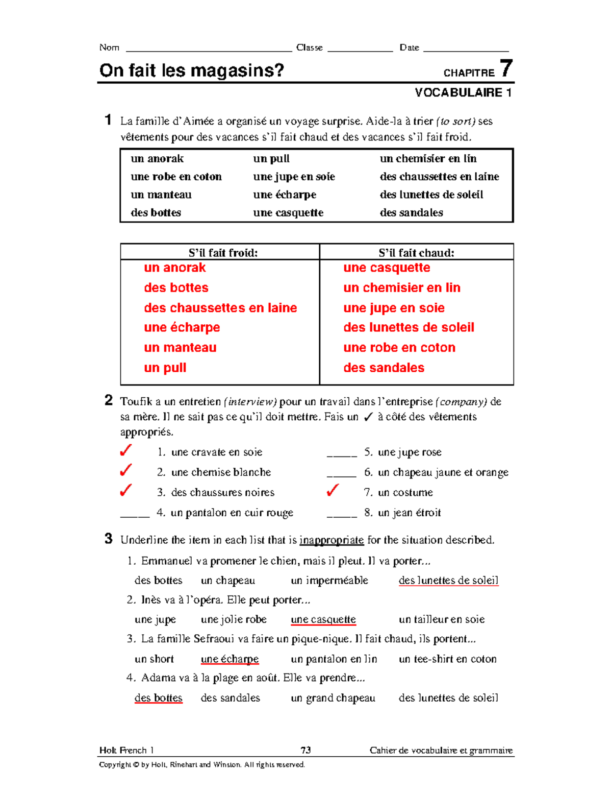 Ch 7 cahier vocabulaire et grammaire - Holt French 1 73 Cahier de ...