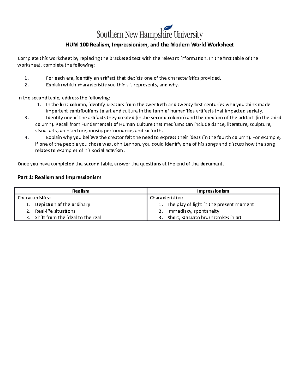 HUM 100 Realism Impressionism and the Modern World Practice Worksheet ...