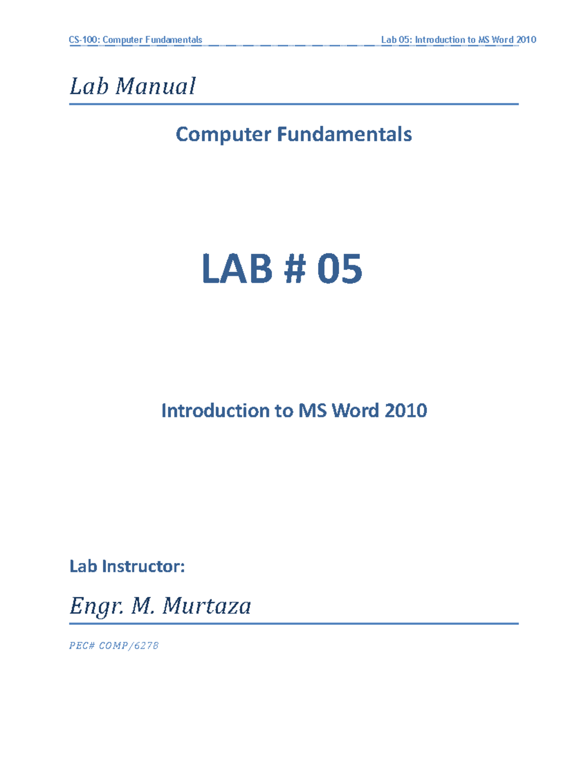 Lab 05 - MS Word 2010 Introduction and Basic Functions - Studocu
