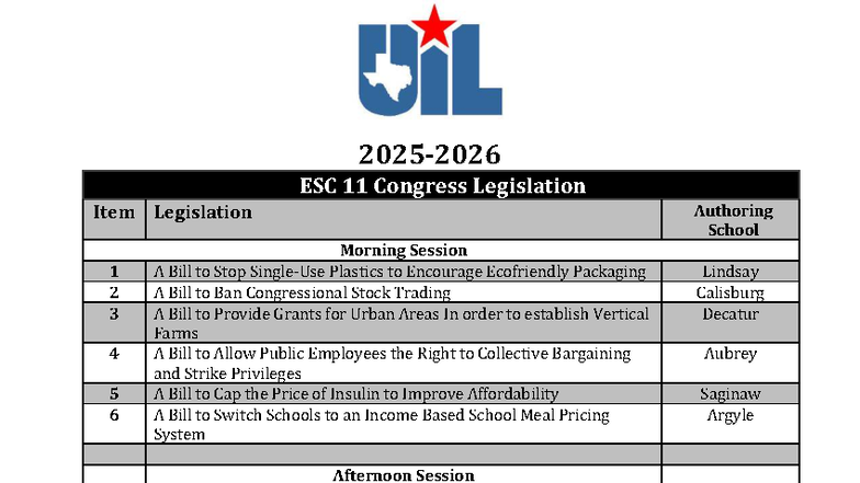 ESC 11 UIL Congress Legislation Docket: Proposed Bills Overview - Studocu