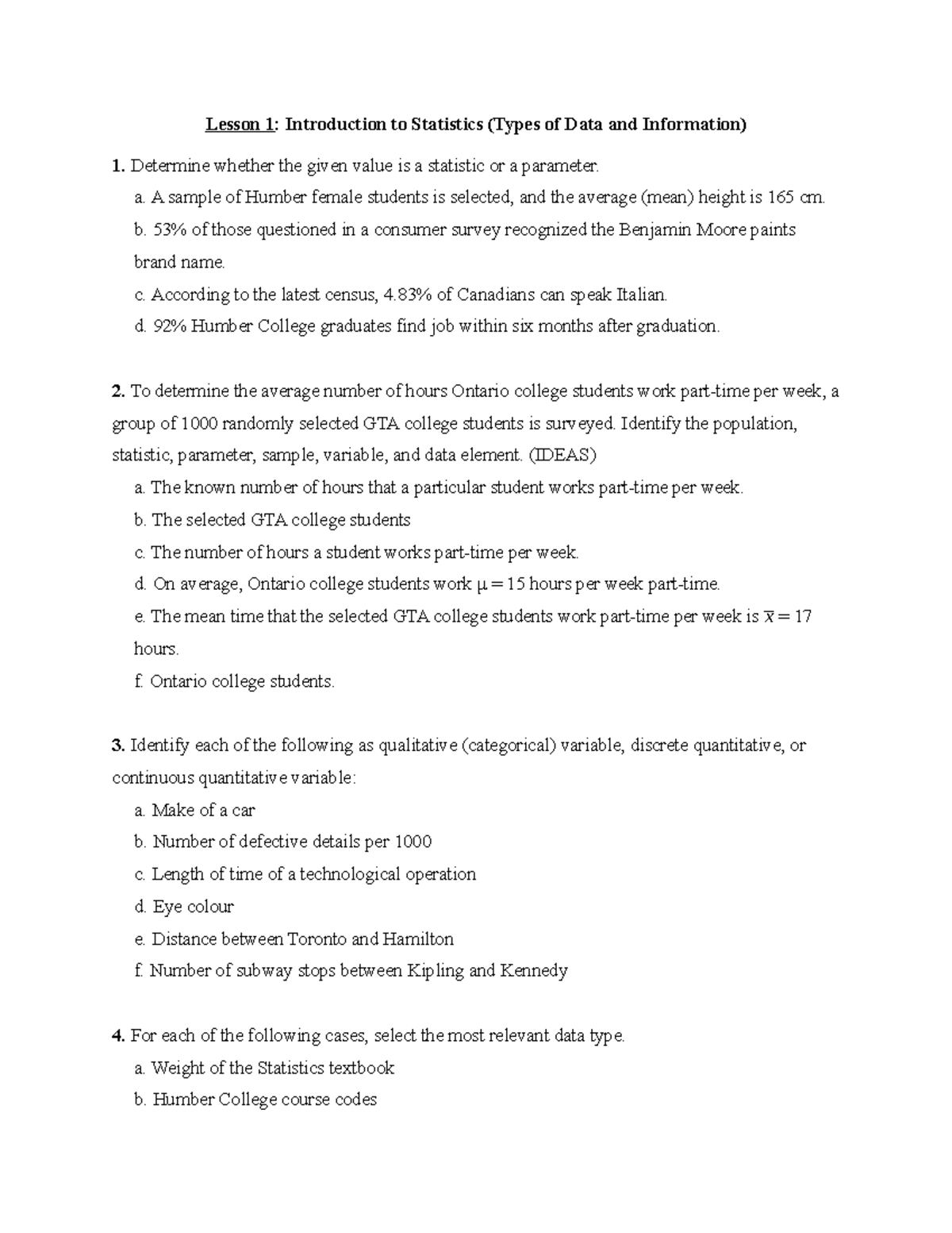 Lesson 1: Intro to Statistics & Data Types (Course Code: STAT101) - Studocu