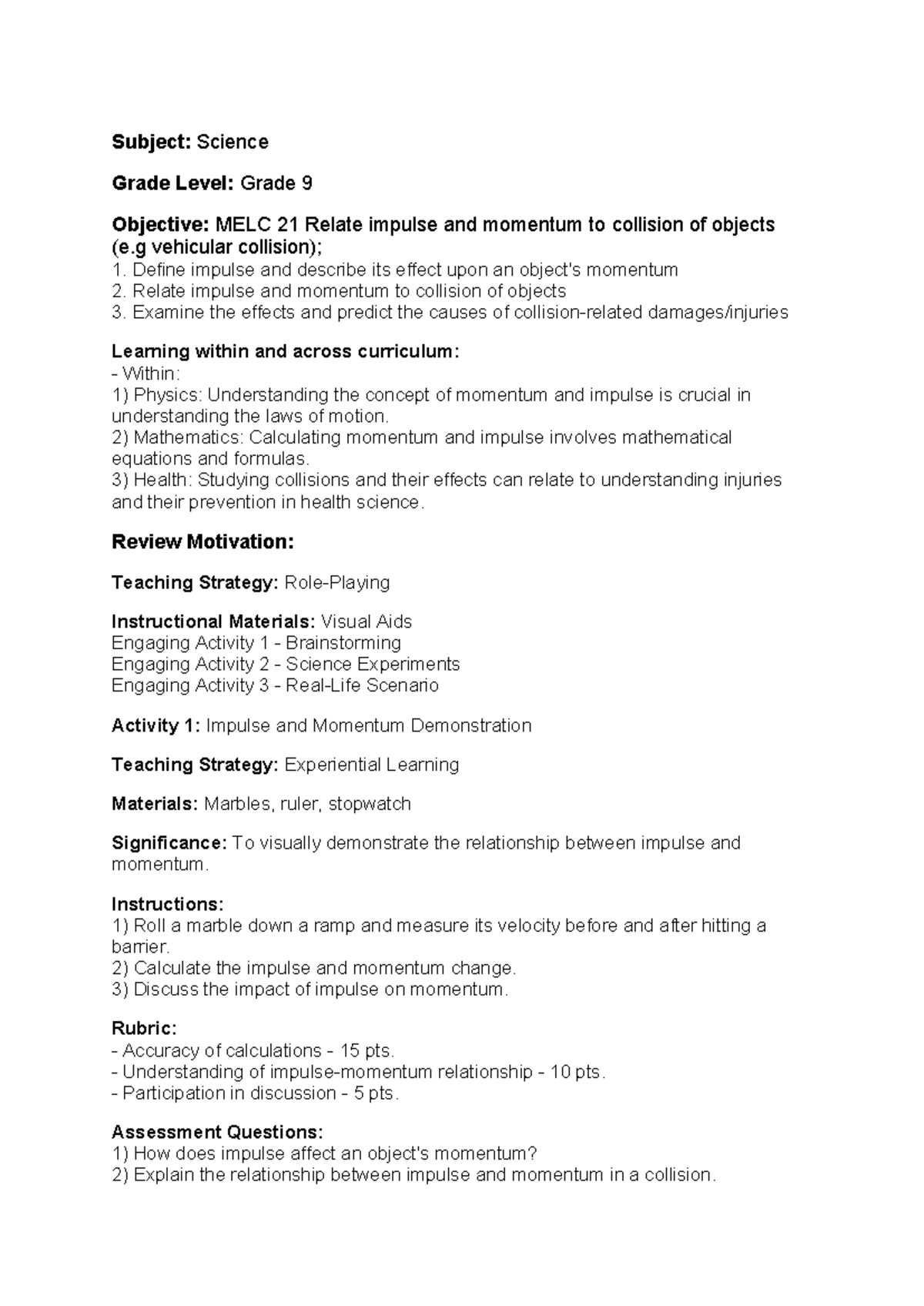 Grade 9 Science Lesson Plan: Impulse & Momentum in Collisions - Studocu