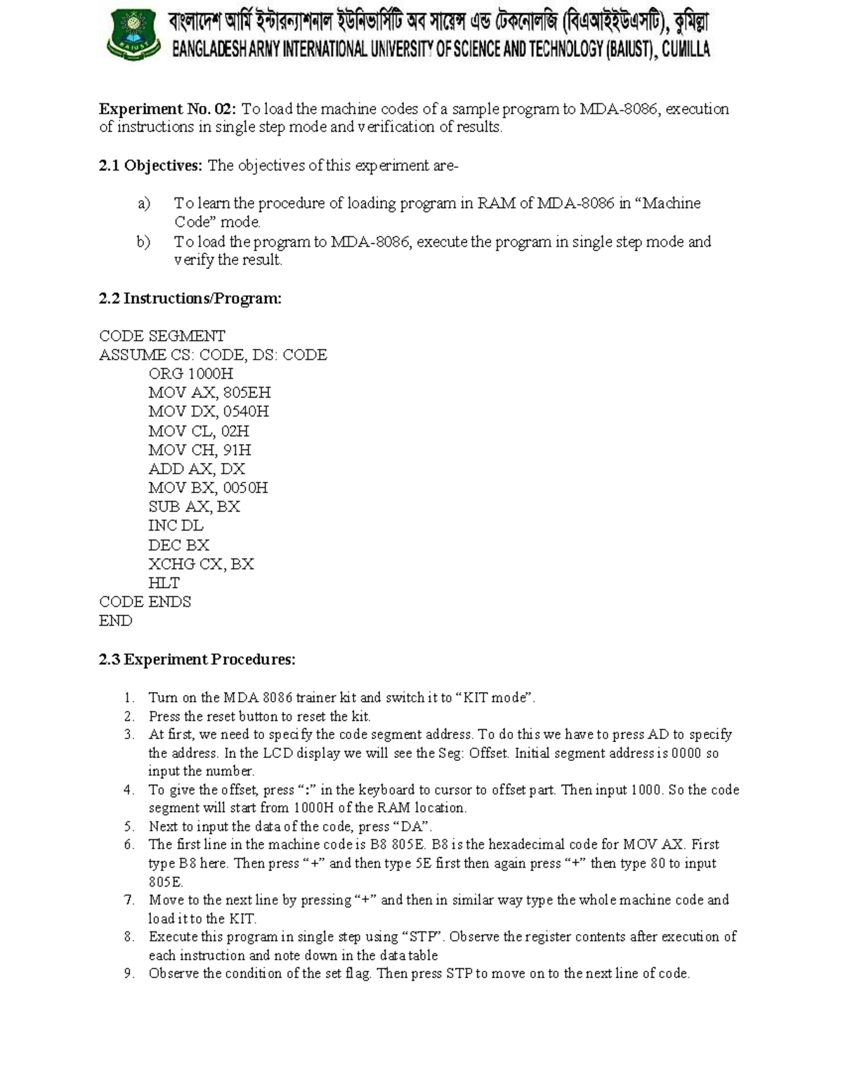 EEE 328 Lab Sheet: Experiment 02 - Loading Machine Codes in 8086 - Studocu