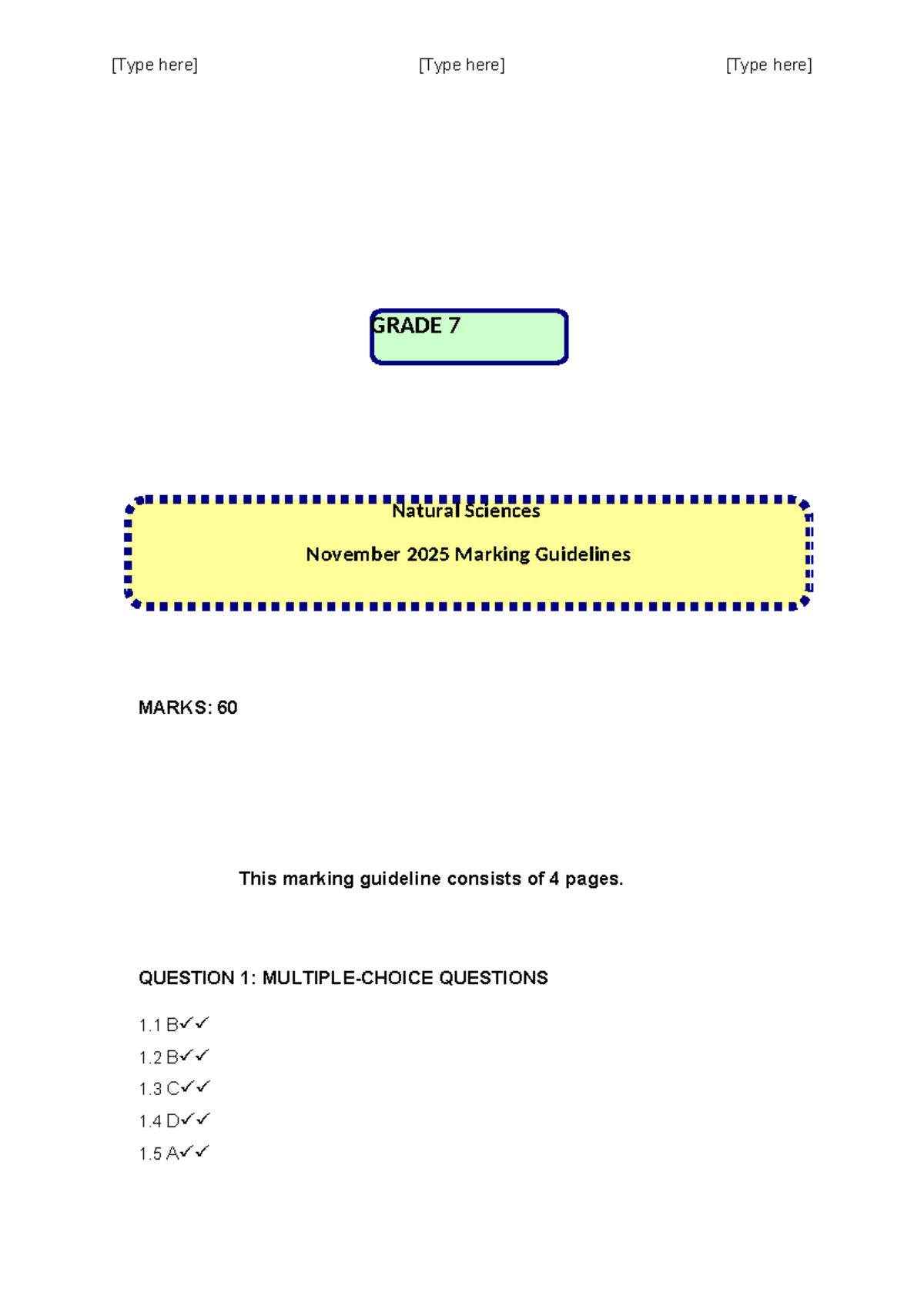 NS Grade 7 Nov 2023 Test Marking Guidelines (60 Marks) - Studocu