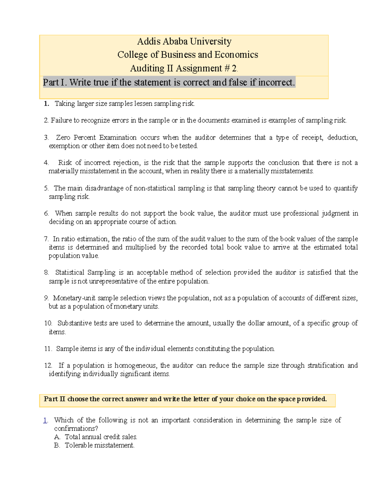 Auditing II Assignment #2: True/False Statements and Multiple Choice Questions - Studocu