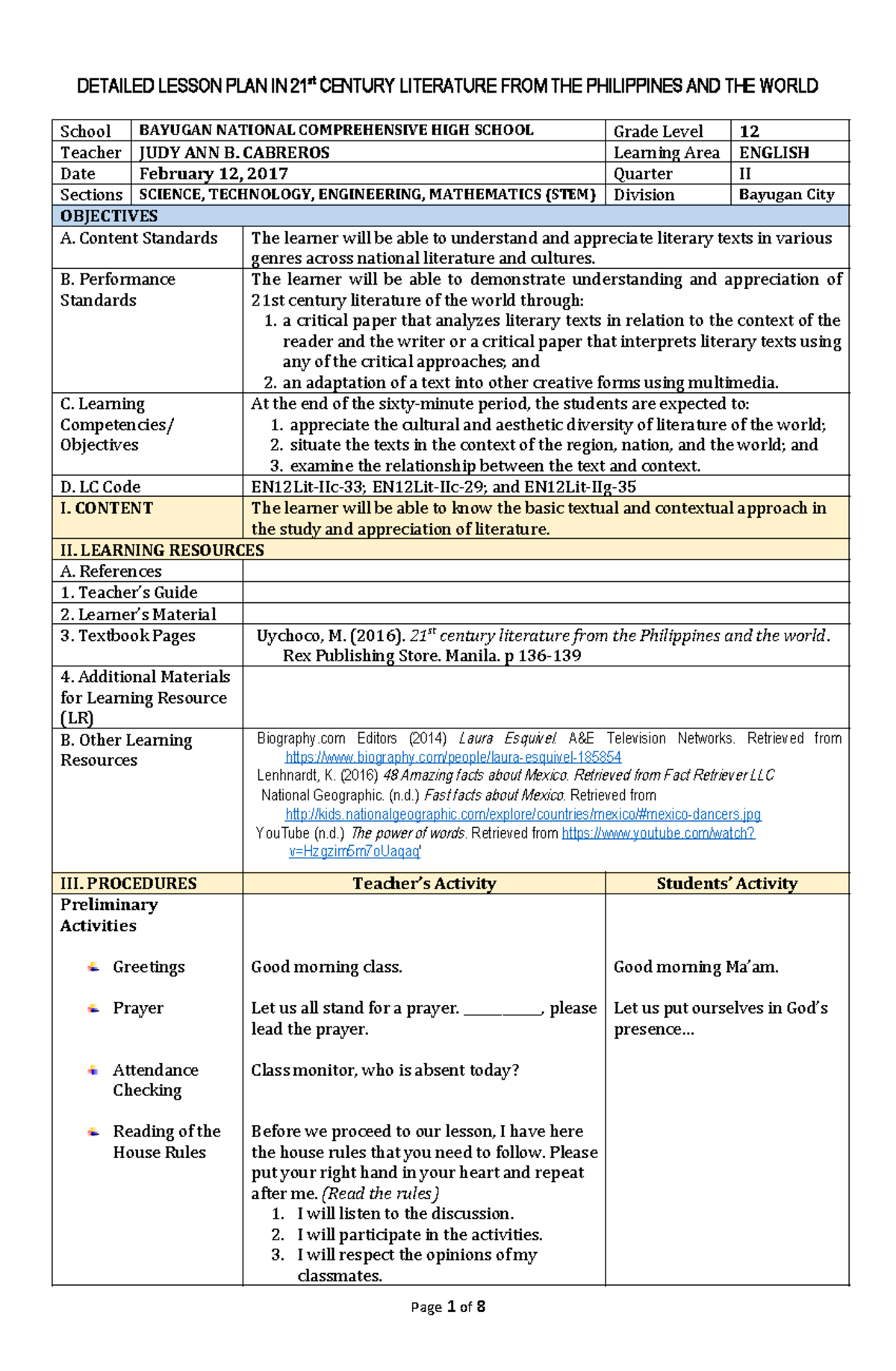 DETAILED LESSON PLAN: 21st CENTURY LITERATURE (Grade 12) - Studocu
