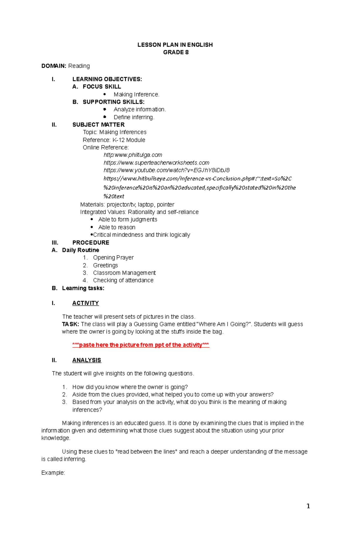 Making Inferences Lesson PLAN Final DEMO - LESSON PLAN IN ENGLISH GRADE ...