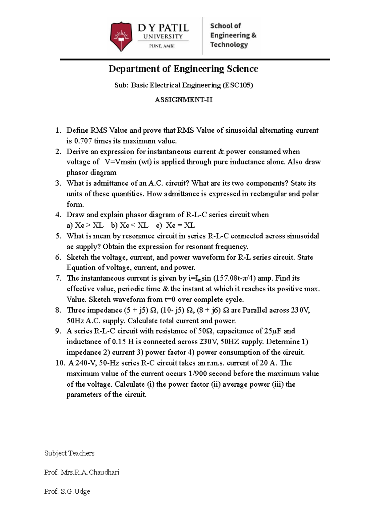 ESC105 Assignment-II: Fundamental Concepts of A.C. Circuits - Studocu