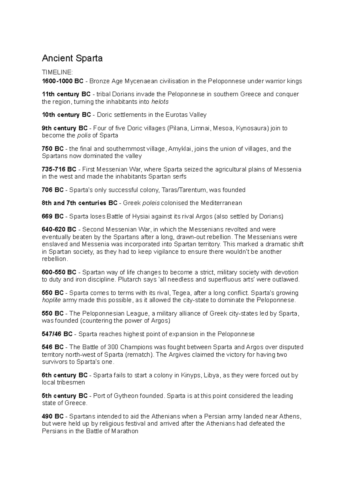 Sparta Timeline: Mycenaean Civilization & Dorian Invasion - Studocu
