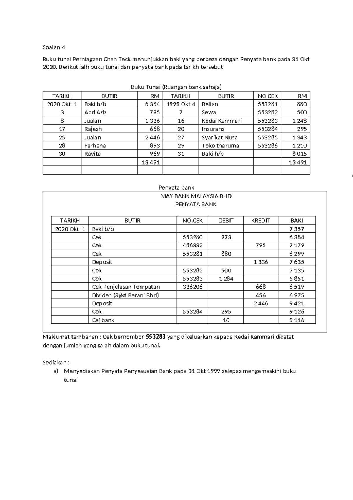 Soalan PPB: Penyata Penyesuaian Bank & Buku Tunai 31 Okt 2020 - Studocu
