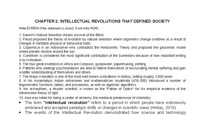 CHAPTER 2: INTELLECTUAL REVOLUTIONS THAT DEFINED SOCIETY - STS Reviewer ...