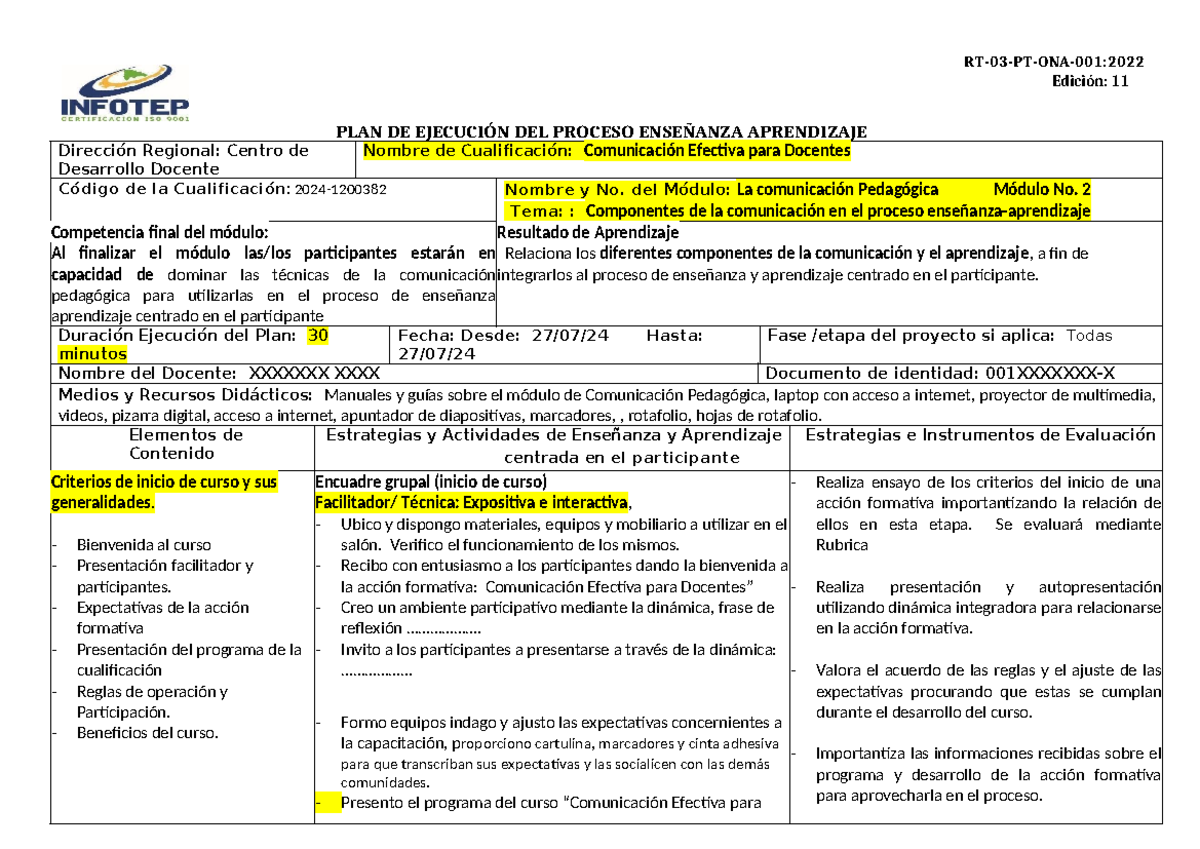 Plan de Ejecución: Comunicación Efectiva para Docentes (2024-1200382 ...