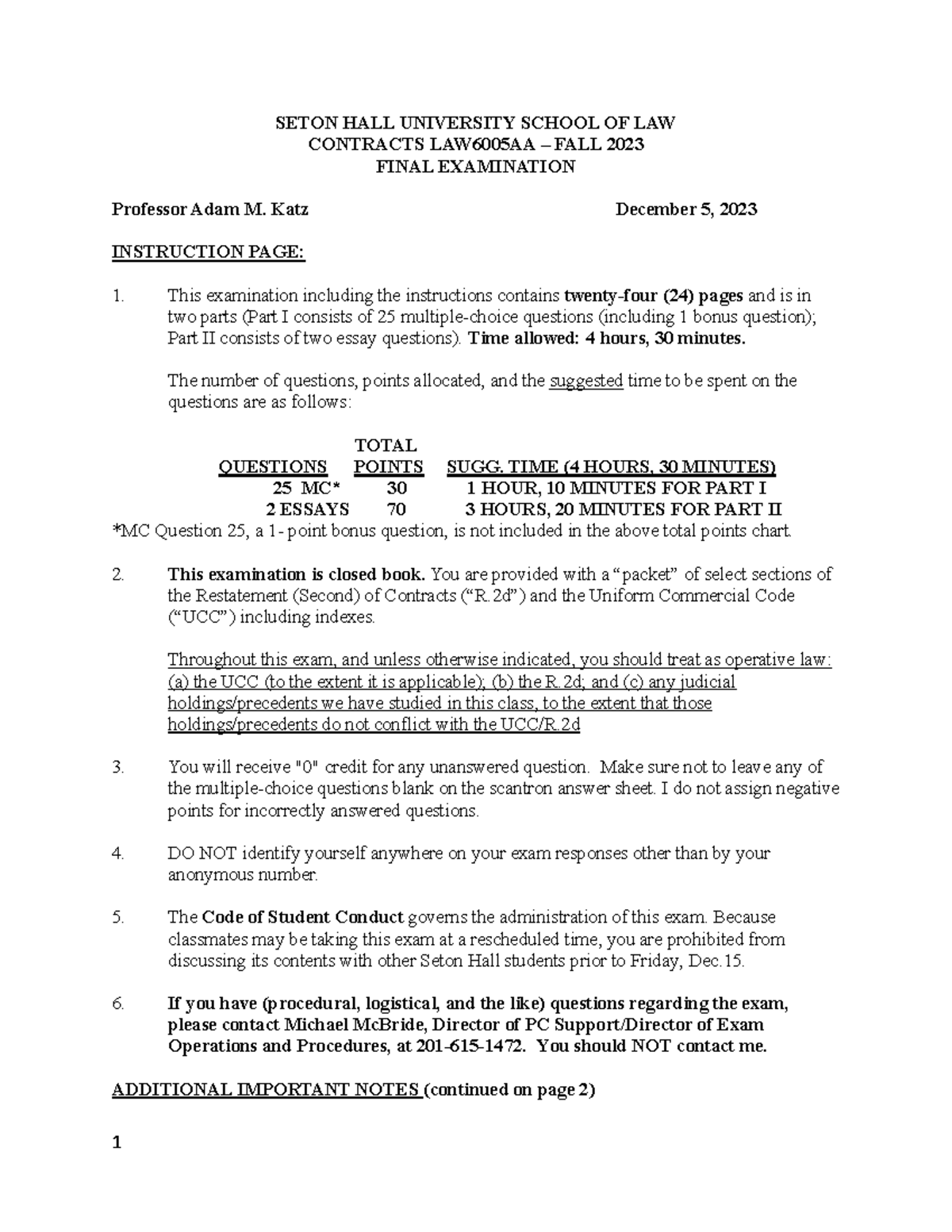 AKatz Contracts Law 6005AA Final Exam Instructions Fall 2023 - Studocu