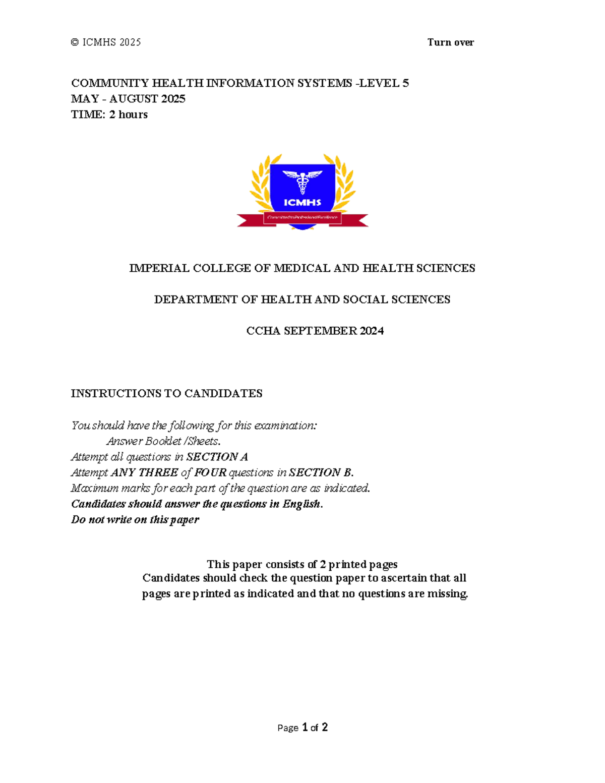 ICMHS 2025 Final Exam: Community Health Information Systems Level 5 ...