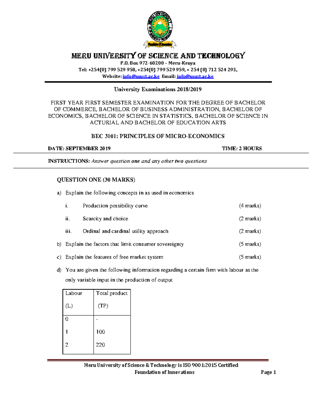 BEC 3101: Principles of Microeconomics - First Semester Exam 2019 - Studocu