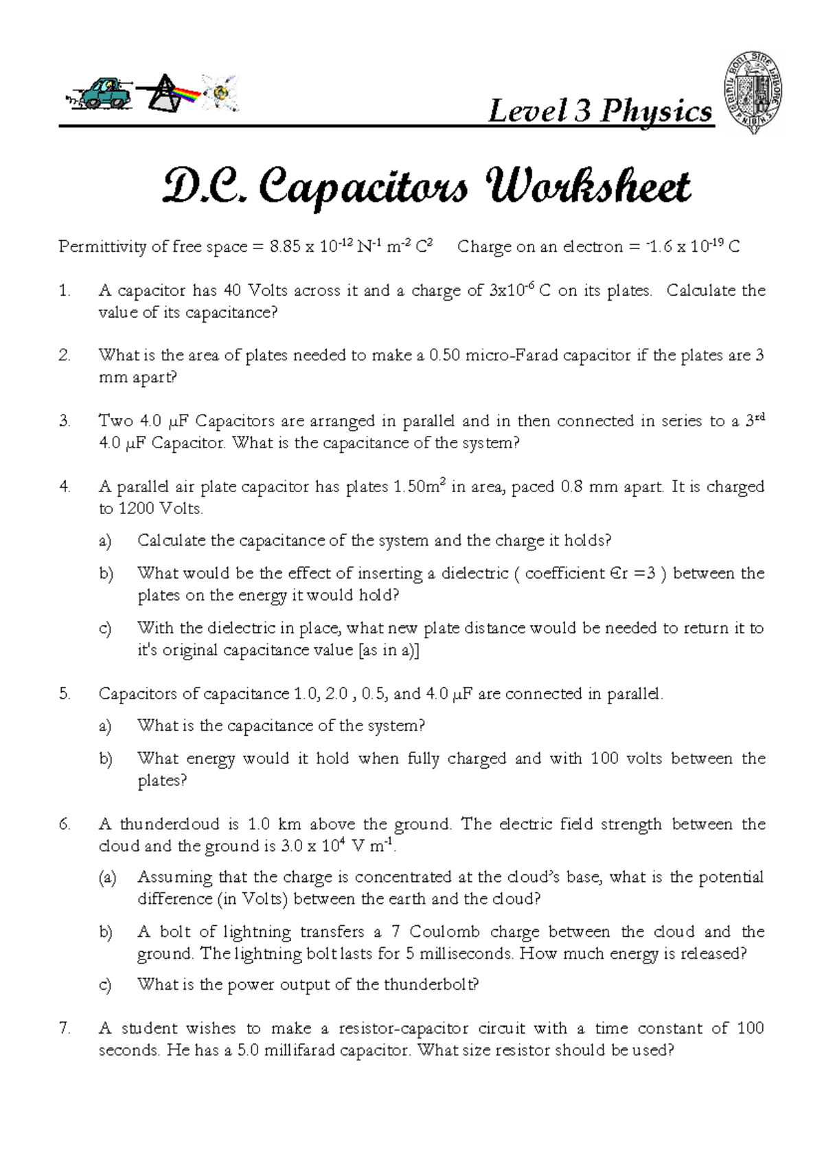 Level 3 Capacitors Worksheet (2023) - Level 3 Physics D. Capacitors ...