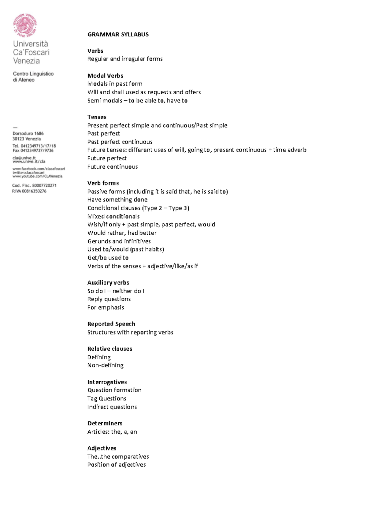 Grammar Syllabus: Verbs, Tenses, and Sentence Structures - Studocu