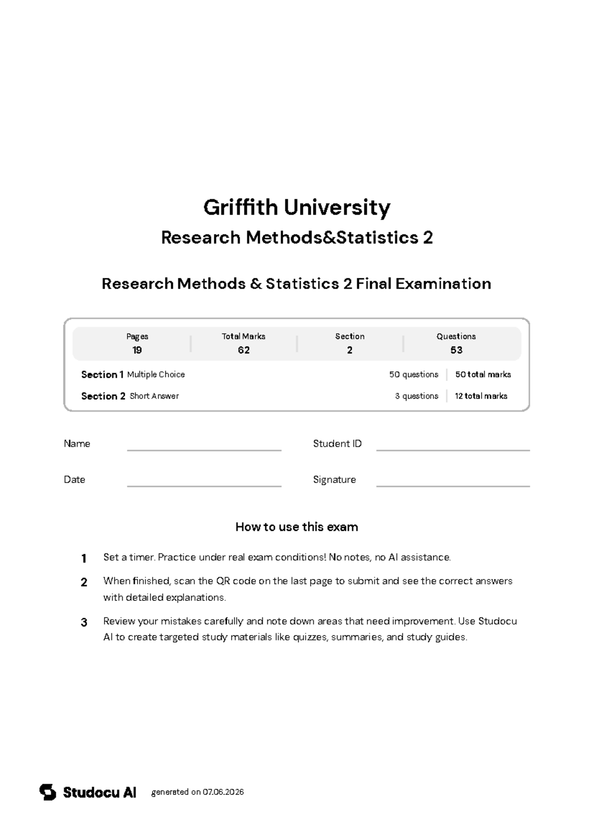 Research Methods & Statistics 2 Final Exam - Studocu