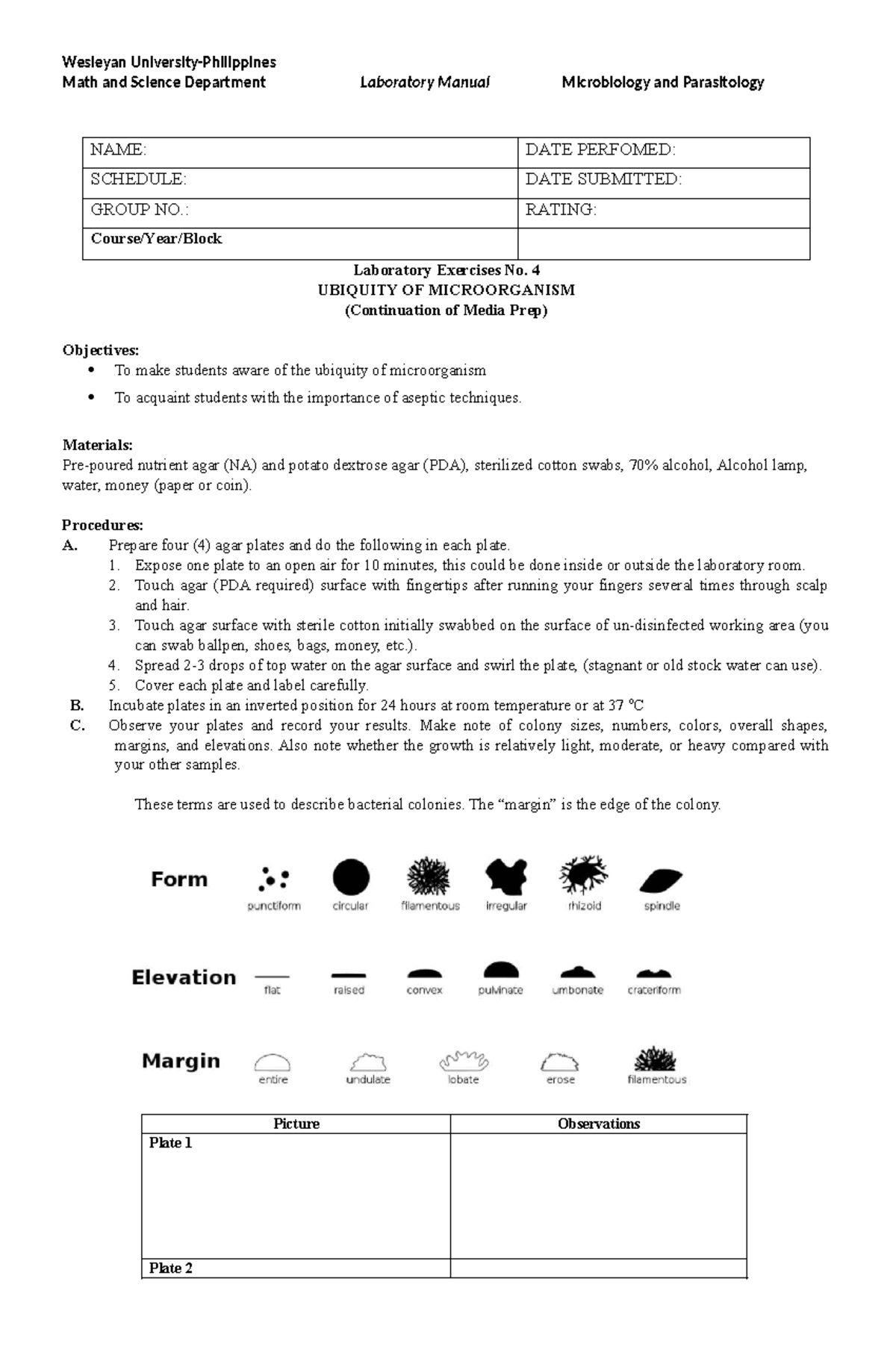 Wesleyan Microbiology Lab Manual: Exercises 4 & 5 on Microorganisms ...