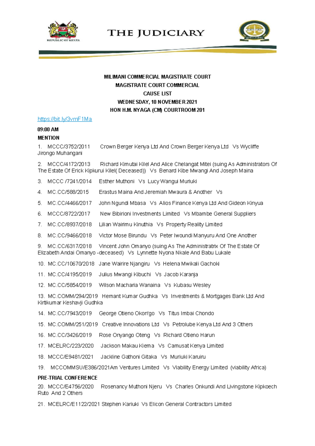 MCCC Cause List - Milimani Commercial Court, 10 Nov 2021 - Studocu