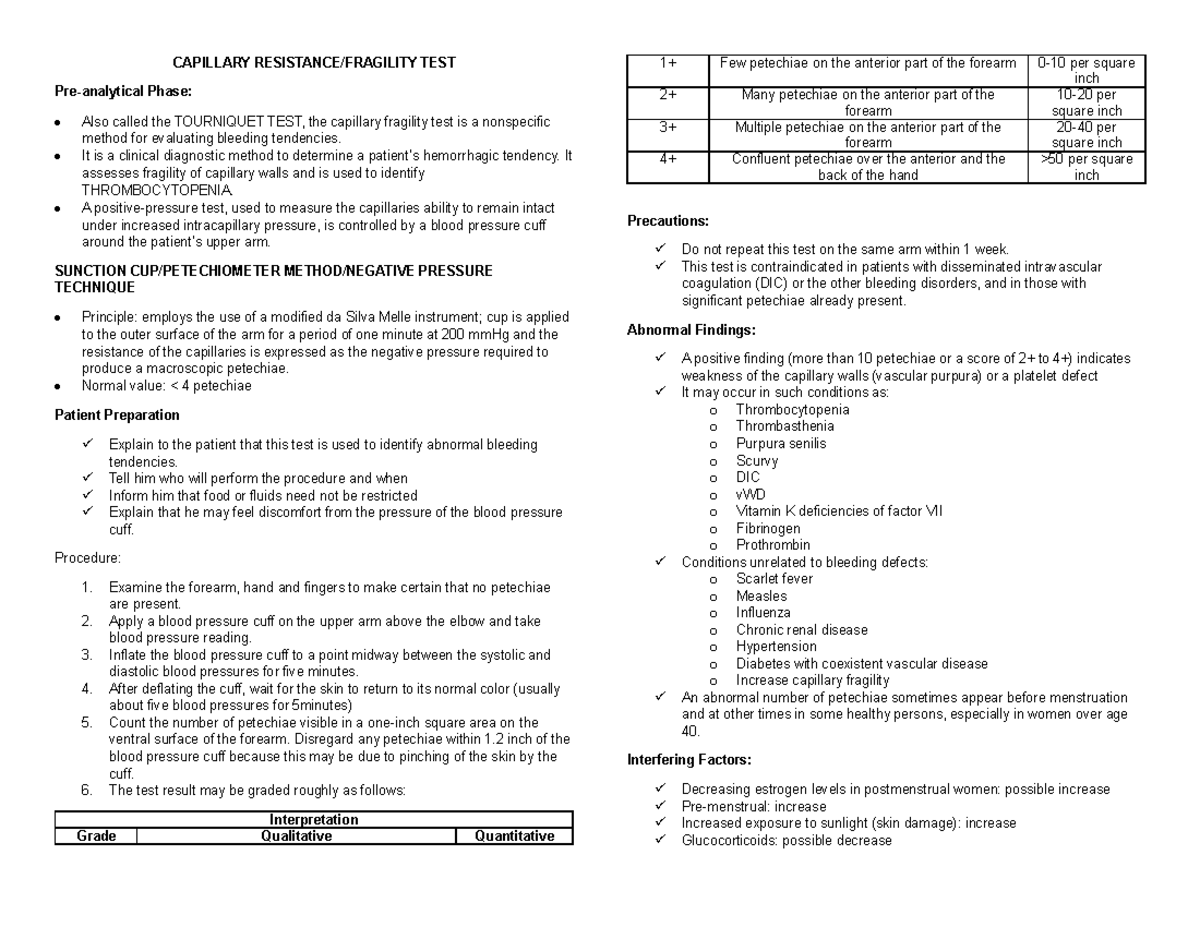 Capillary Resistance and Fragility Test Protocols and Procedures - Studocu