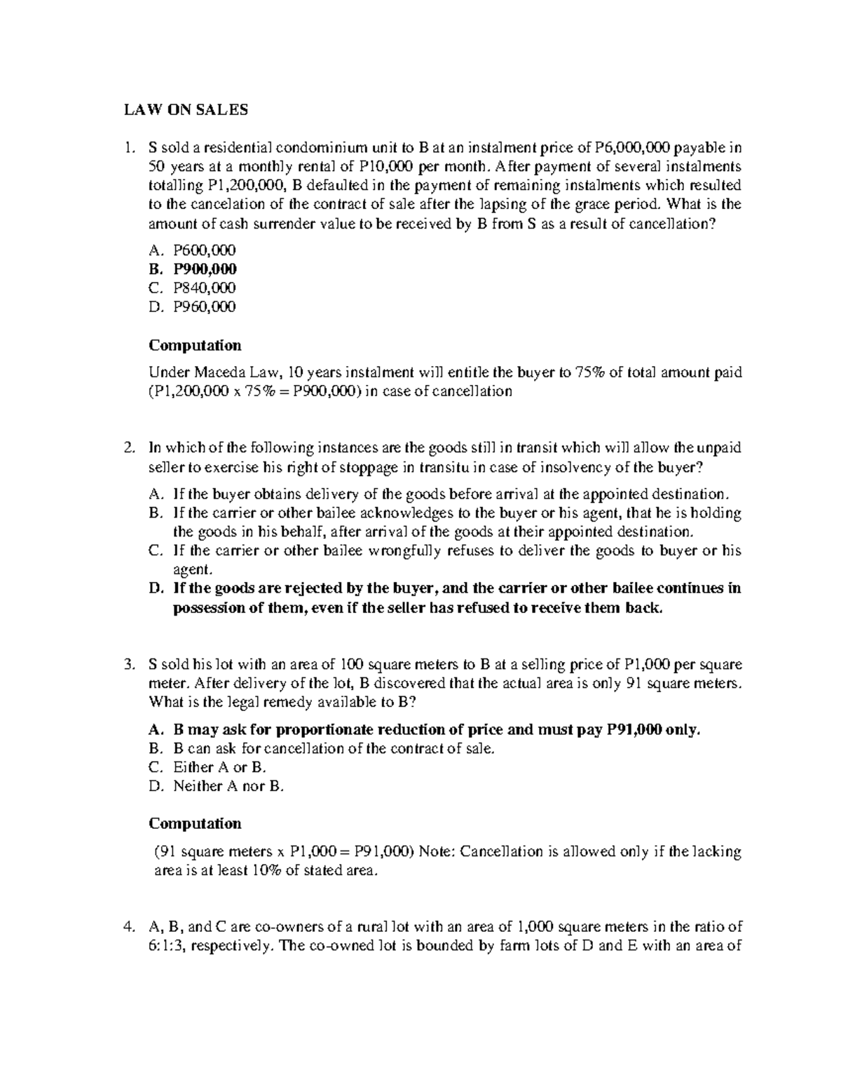 LAW 101: Sales Law Case Studies and Computations on Seller Rights - Studocu