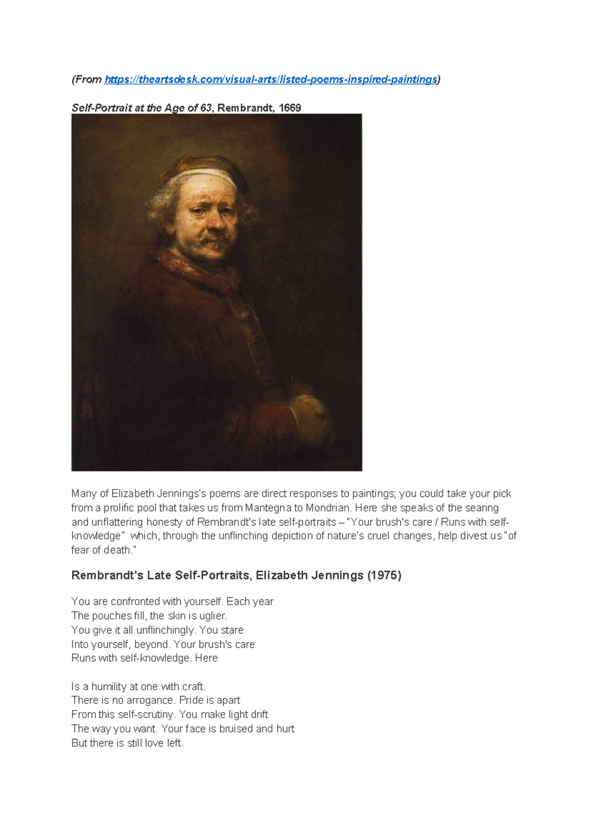 Rembrandt's Late Self-Portraits Analysis, Art History 101, Week 3 - Studocu