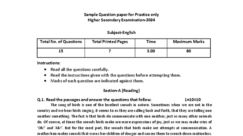 English 12th Sample Paper 2023-24: Practice Questions and Answers - Studocu