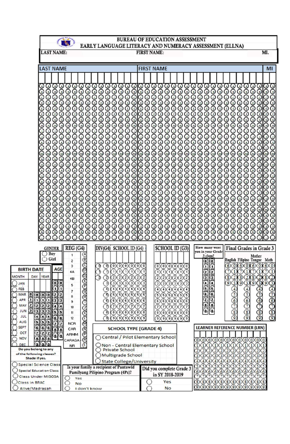 ELLNA Answer Sheet - Early Language Literacy & Numeracy Assessment ...