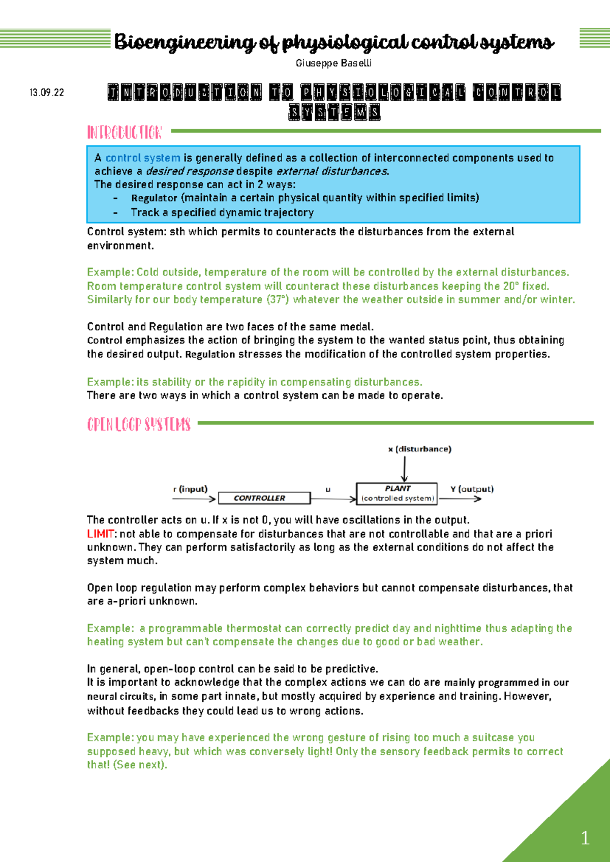 Bioengineering of Physiological Control Systems (BIO-101) Lecture Notes ...