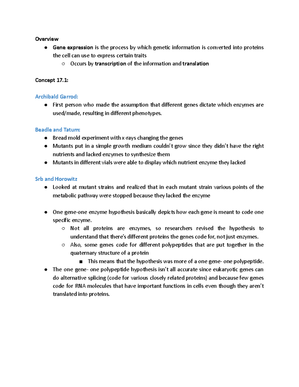 Chapter 17 Notes: Gene Expression and the One Gene-One Enzyme ...