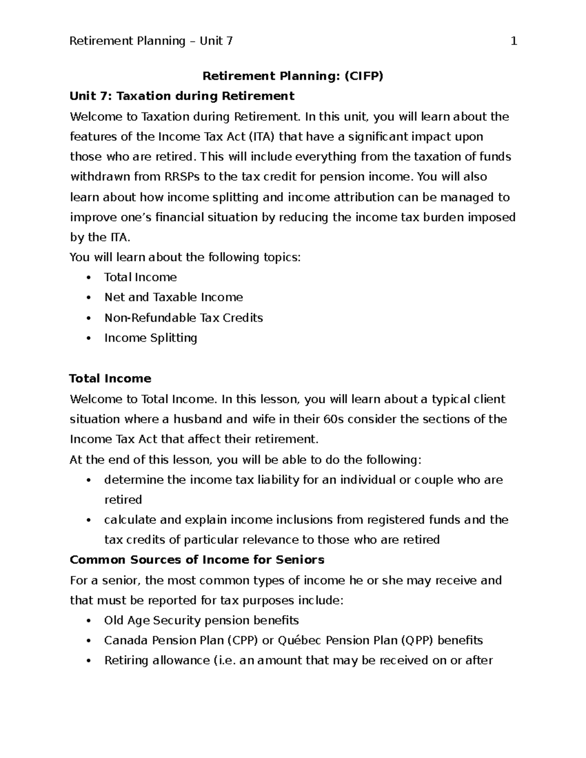 Retirement Planning: Taxation Insights (CIFP - Unit 7) - Studocu