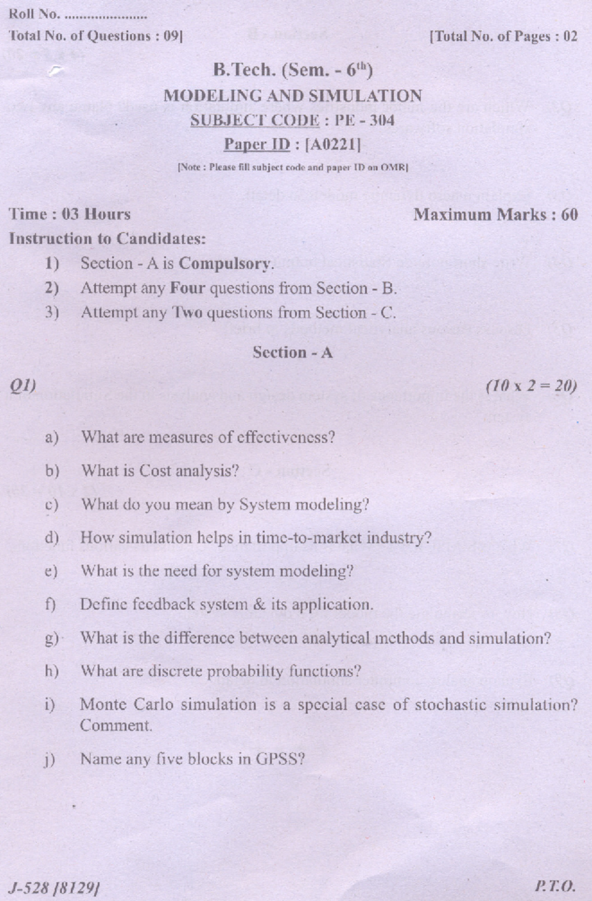 B. Tech. (Sem. 6th) PE 304 Modeling and Simulation Exam Paper - Studocu