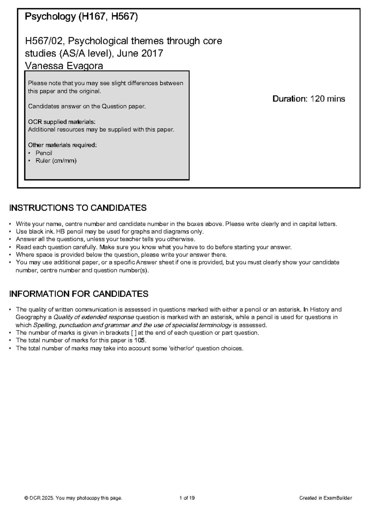 Psychology (H167, H567) Final Exam: Core Studies Themes, June 2017 ...
