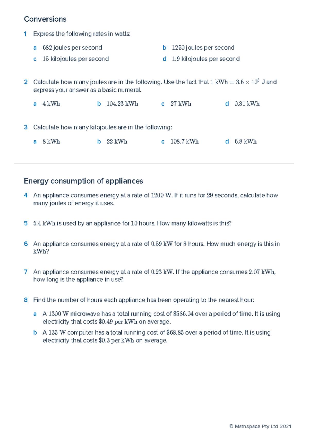 3.06 Energy consumption of appliances - worksheet - Conversions 1 ...