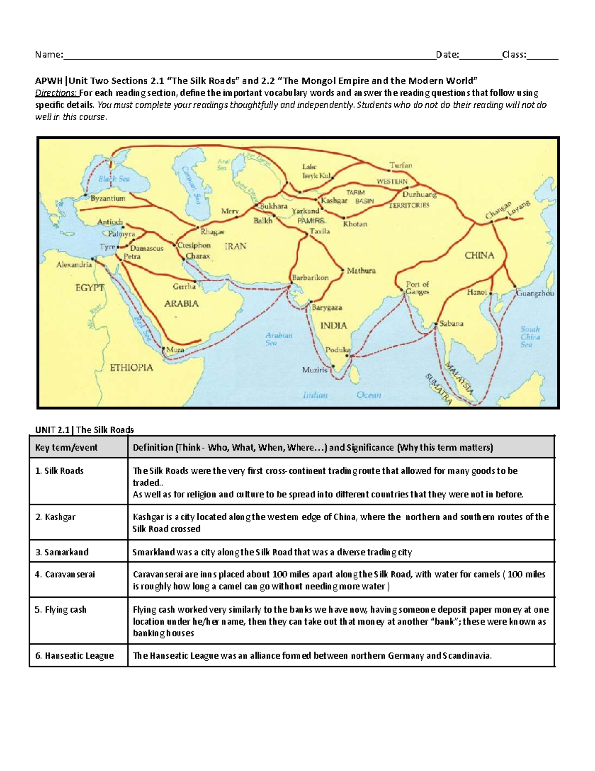 Unit 2 Reading Guide: Silk Roads, Mongol Empire, and Indian Ocean Trade ...