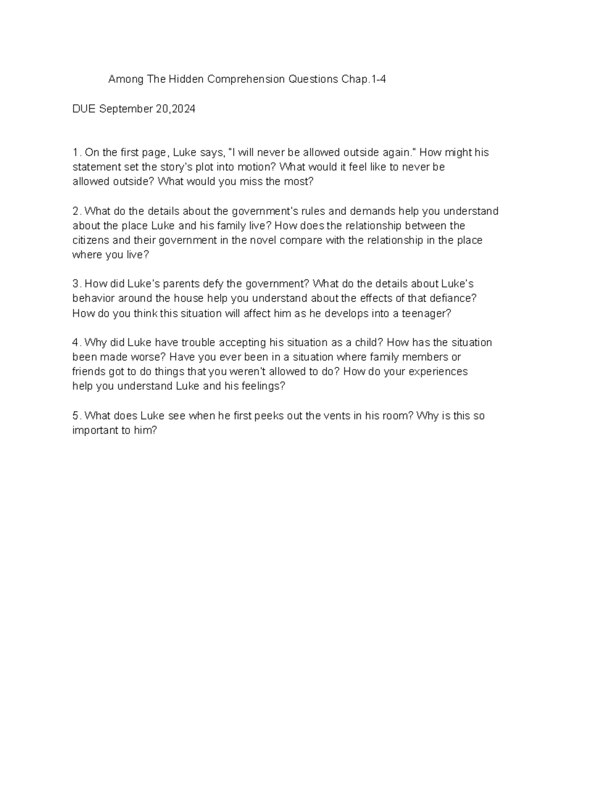 Among The Hidden Comprehension Questions Chap - ” How might his ...