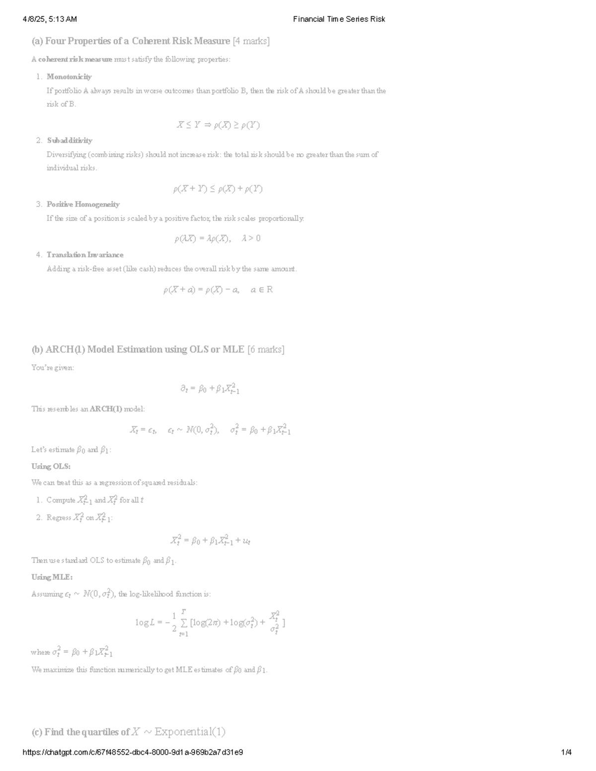 Chuka Solution 4,5Financial Time Series Risk - (a) Four Properties of a Coherent Risk Measure [4 ...