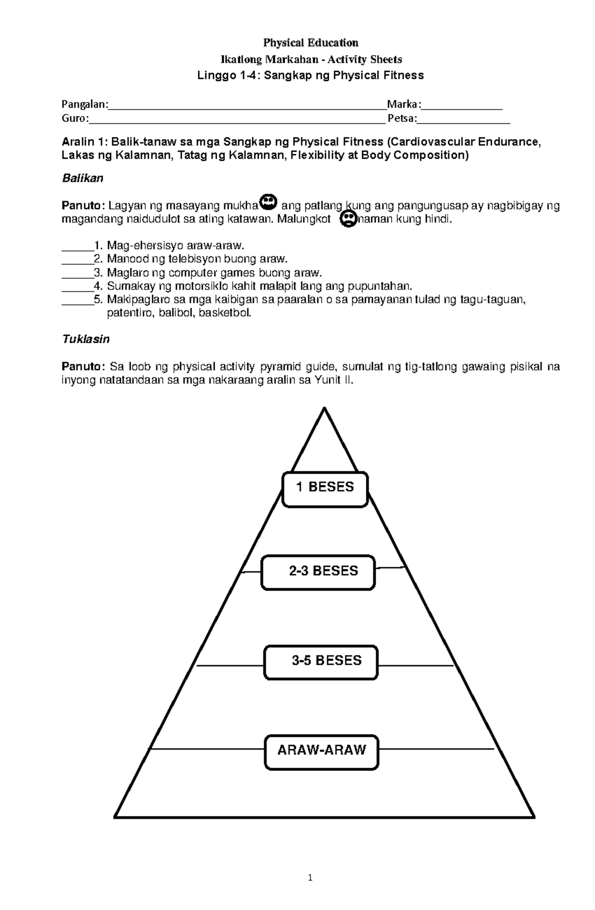 PE-4 LAS-Q3-W1 - Activity Sheets on Physical Fitness Components - Studocu