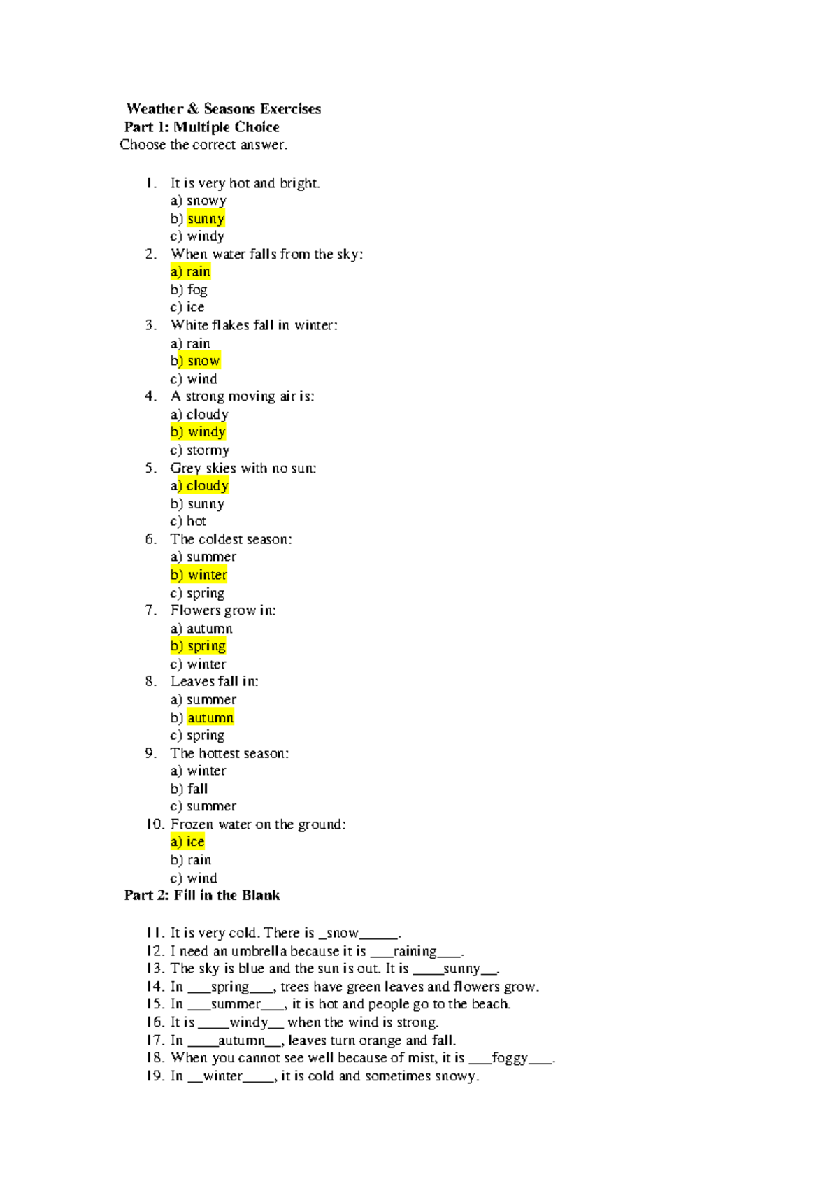 Weather and Seasons Exercises MCQ & Fill-in-the-Blank - Studocu