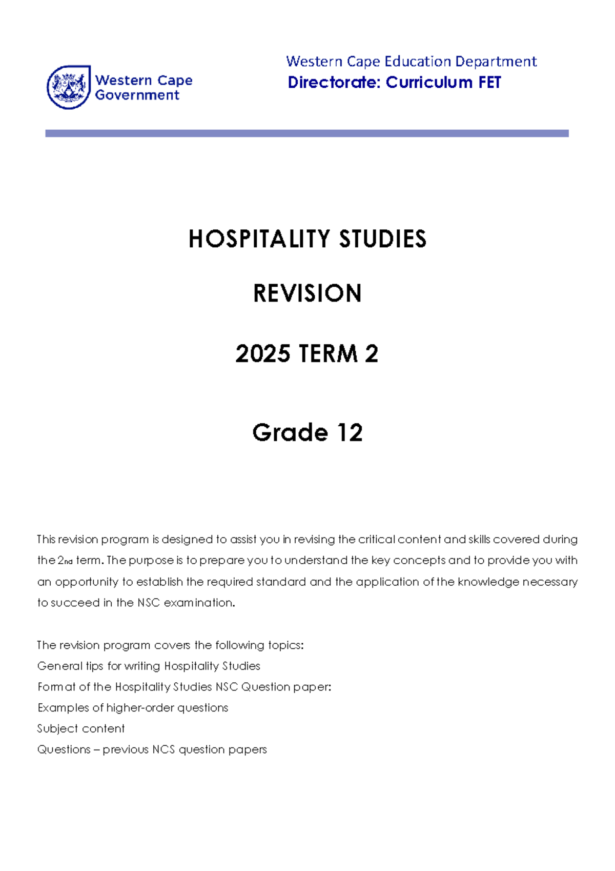 2025 HOSPITALITY STUDIES GRADE 12 TERM 2 REVISION GUIDE - Studocu