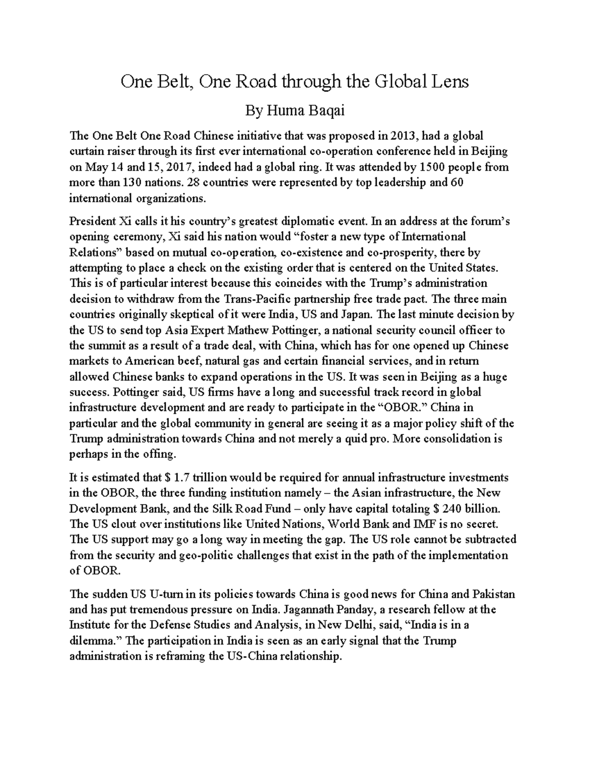 One Belt One Road (OBOR) Initiative: A Global Perspective - Studocu