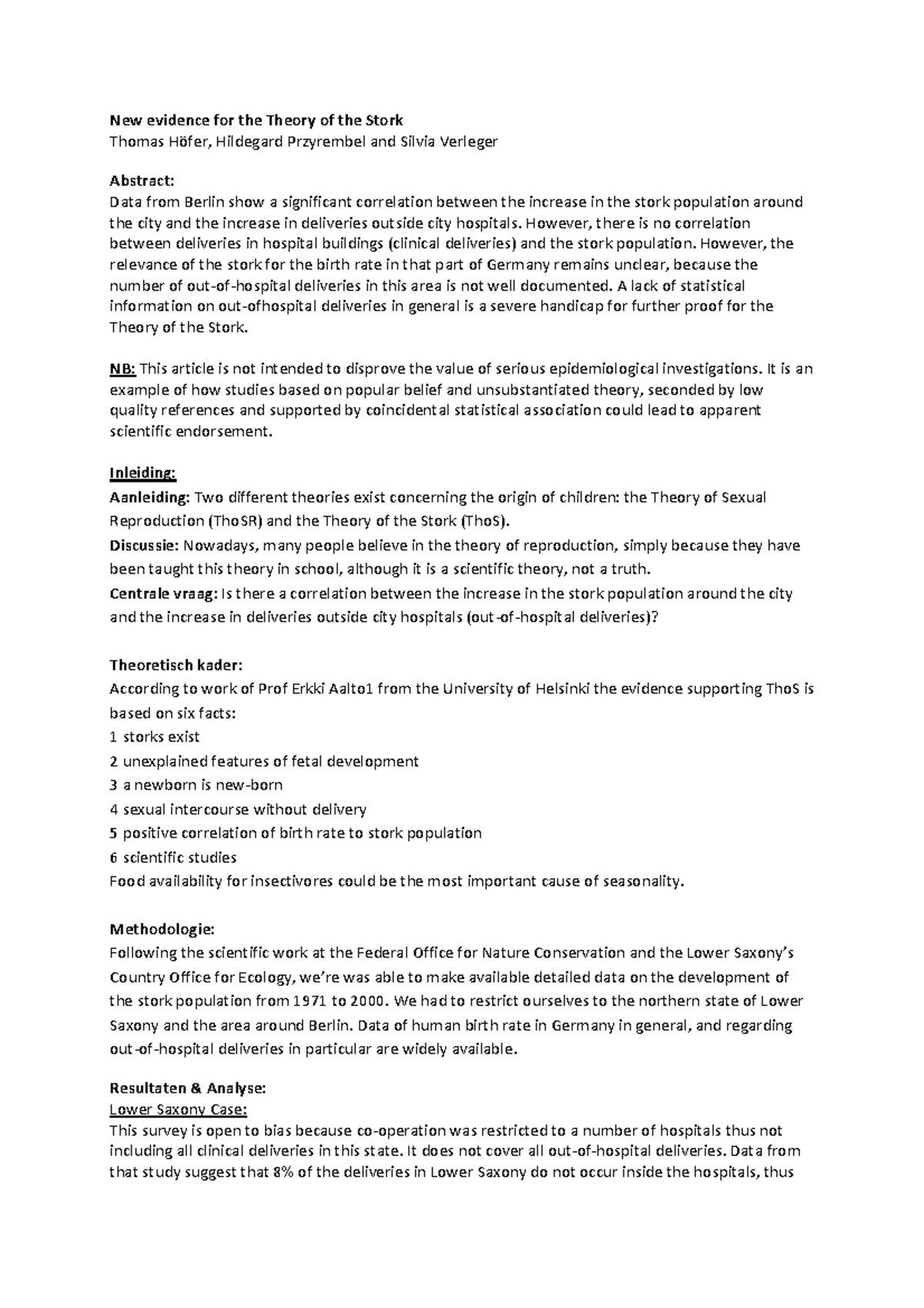 Article on Storks and Birth Rates: Evidence for the Theory of the Stork ...