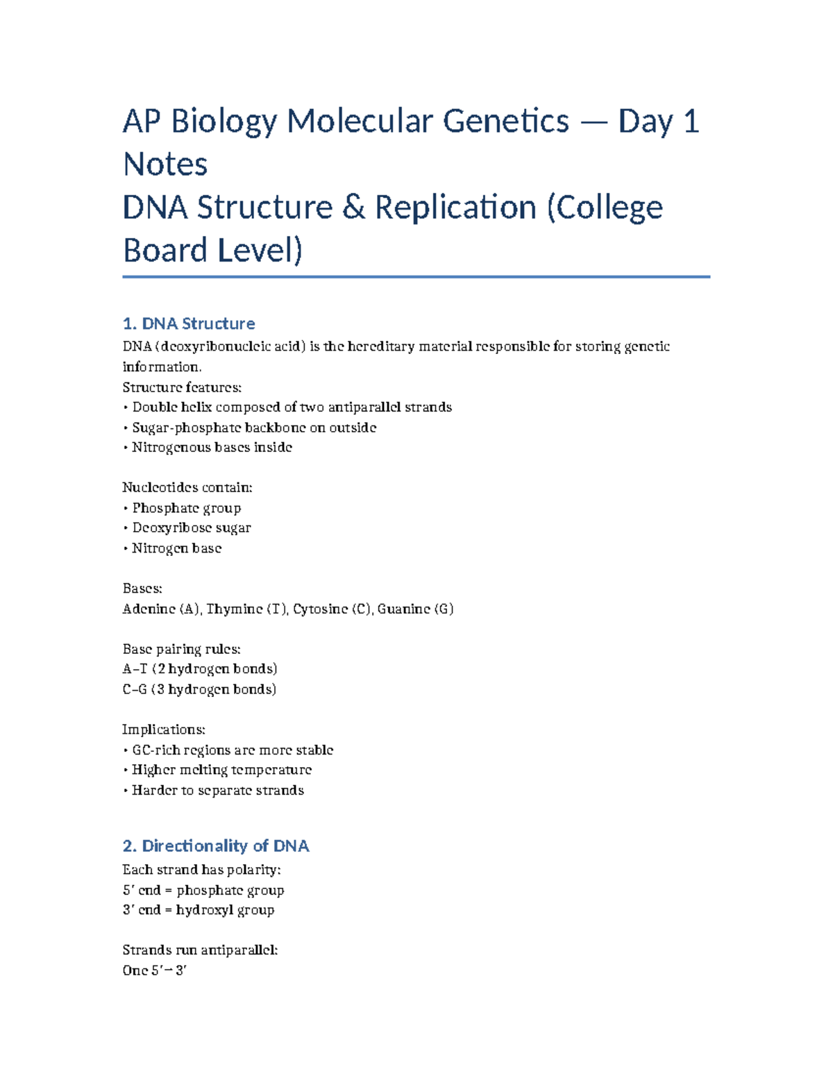 AP Biology Molecular Genetics Day 1: DNA Structure & Replication Notes ...