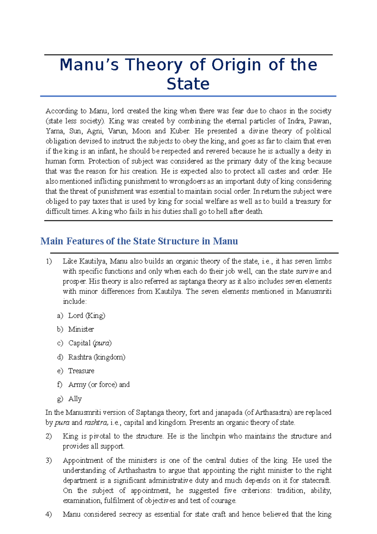 Manu's Theory of State Origins: Exploring Kingship and Governance - Studocu