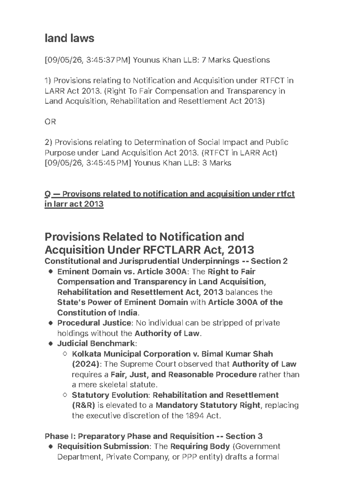 Land Laws LLB: Key Provisions of RFCTLARR Act 2013 Explained - Studocu