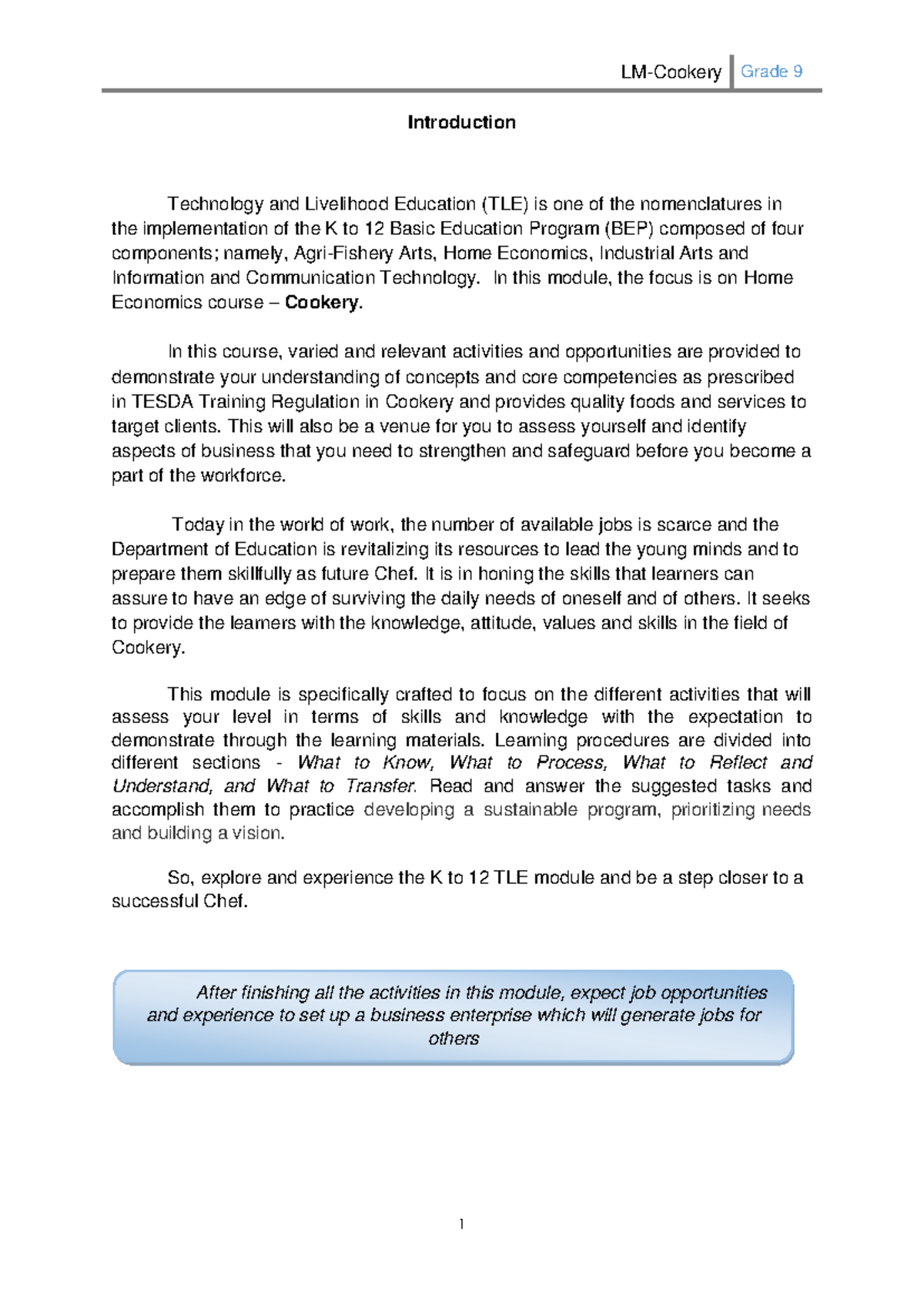 LM Cookery Grade 9 - Module - Introduction Technology and Livelihood ...