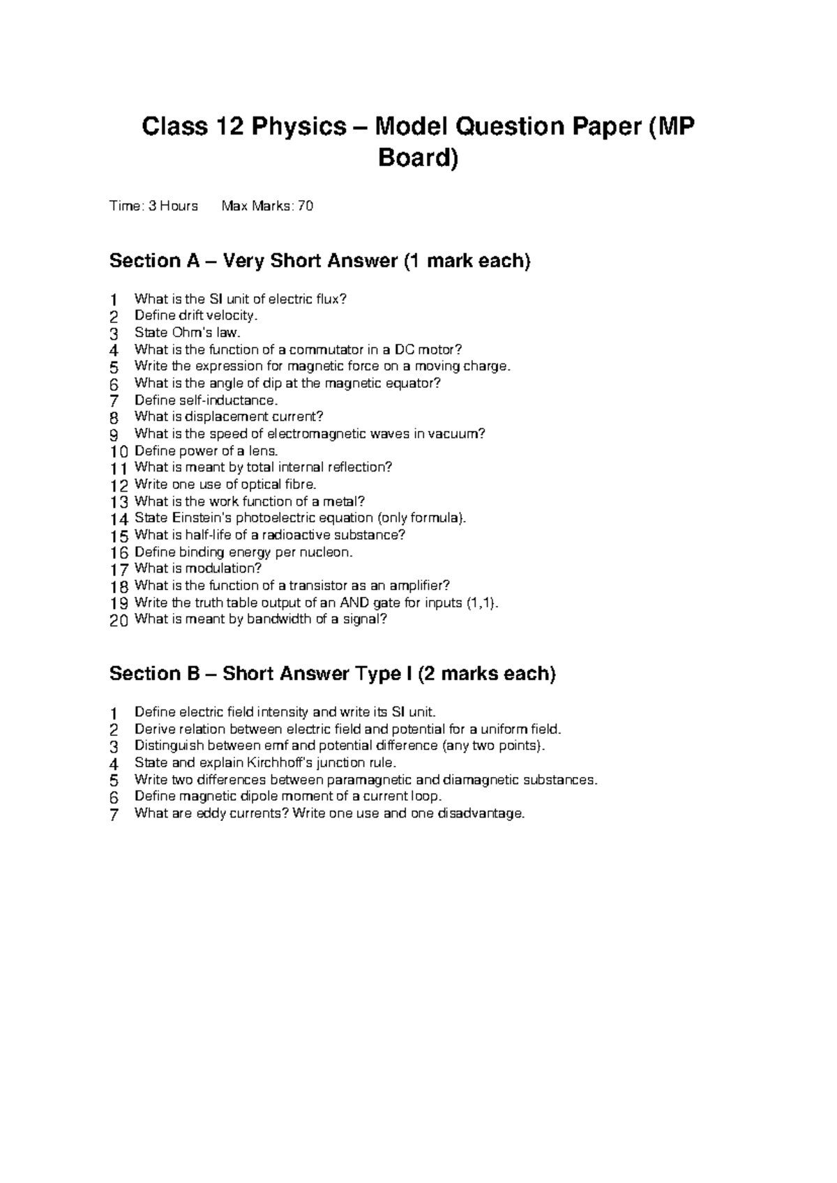 MP Board Class 12 Physics Model Question Paper - Studocu