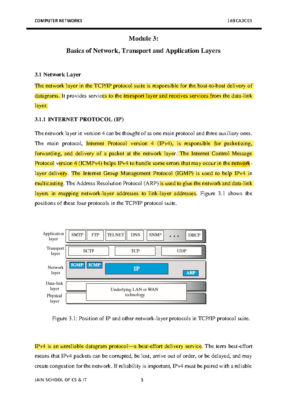 16BCA3C03 COMPUTER NETWORKS Module 3: Network, Transport & Application ...